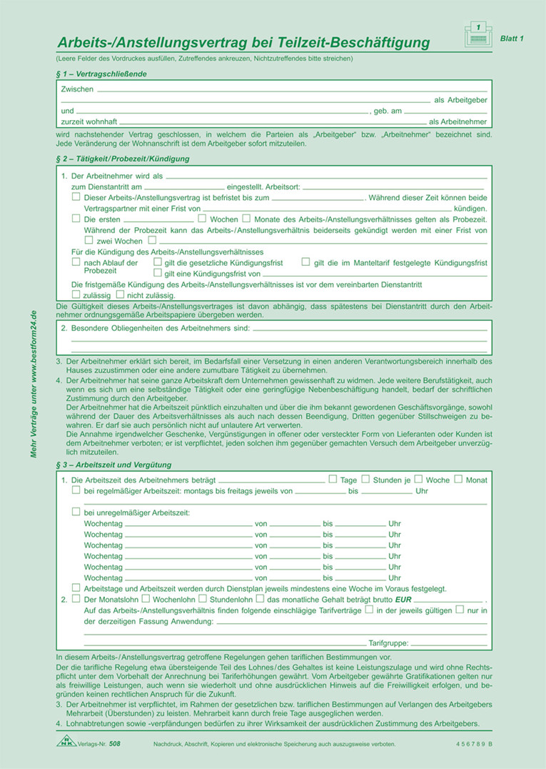 RNK Arbeitsvertrag "Teilzeit-Beschäftigung", 2 x 2 Blatt, 508