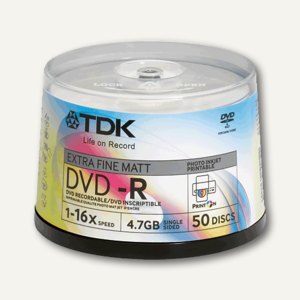 TDK DVD-R, 4.7GB, Inkjet printable, 16x, 50er-Spindel, t19914, - Büromaterial bei officio.de